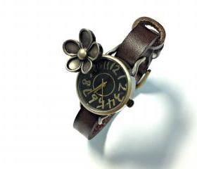 Handmade Vintage Flower Face Leather Band Woman Lady Girl Quartz Wrist ...