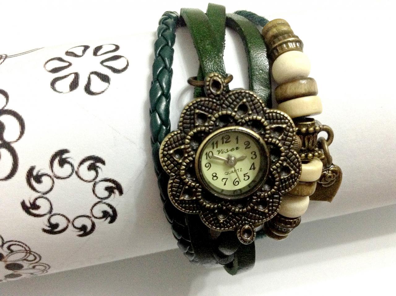 Handmade Vintage Flower Face Leather Band Elegant Watches Woman Girl ...