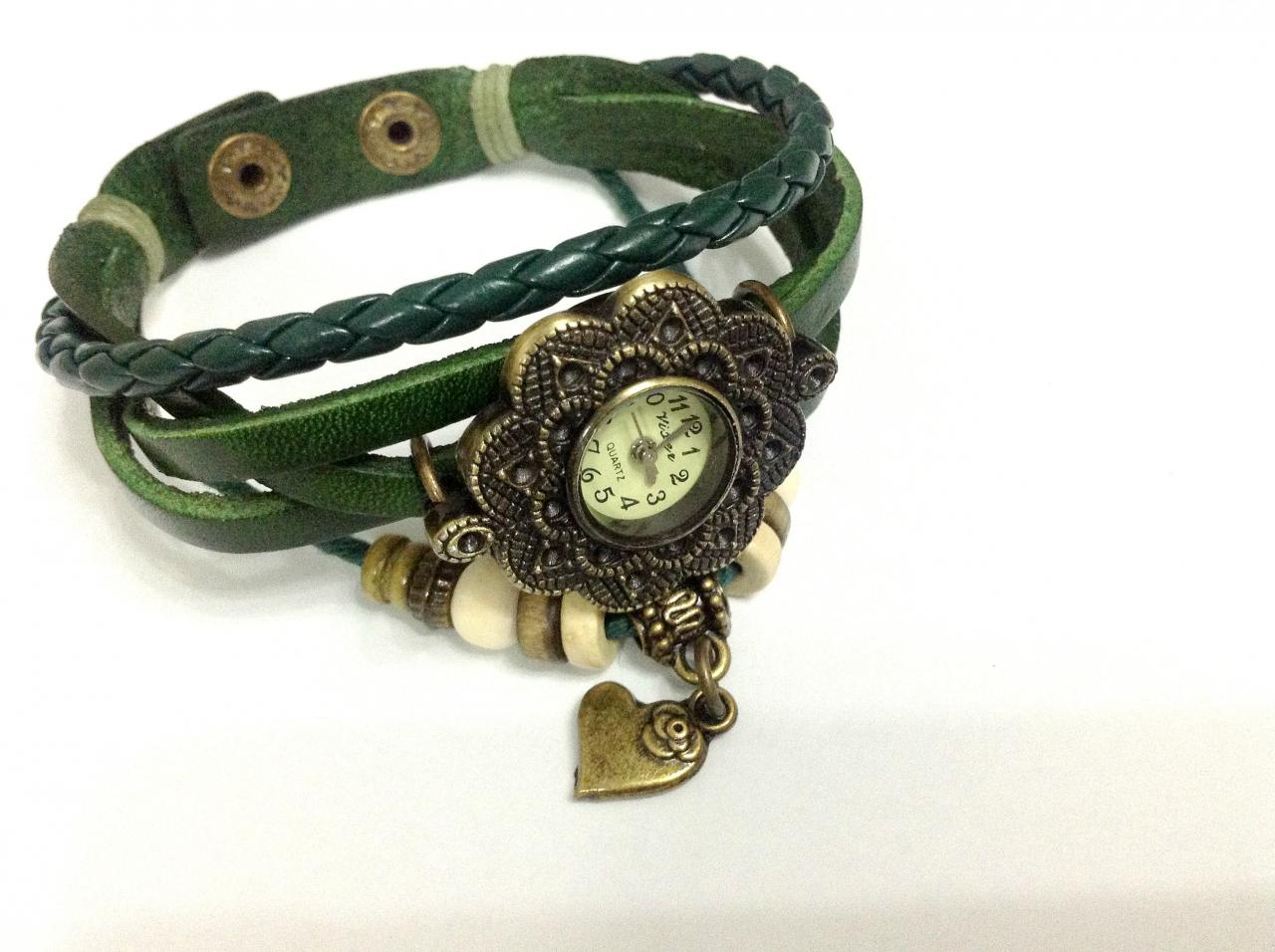 Handmade Vintage Flower Face Leather Band Elegant Watches Woman Girl ...