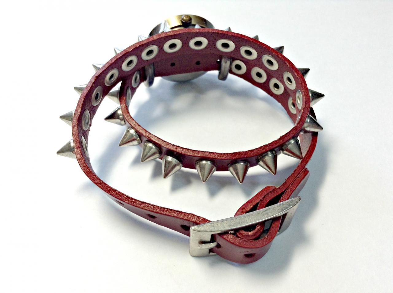 Handmade Vintage Stud Spike Decor Leather Band Watch Woman Girl Quartz ...