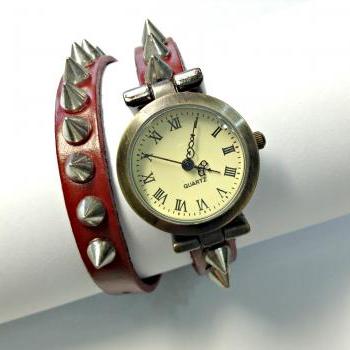 Handmade Vintage Stud Spike Decor Leather Band Watch Woman Girl Quartz ...