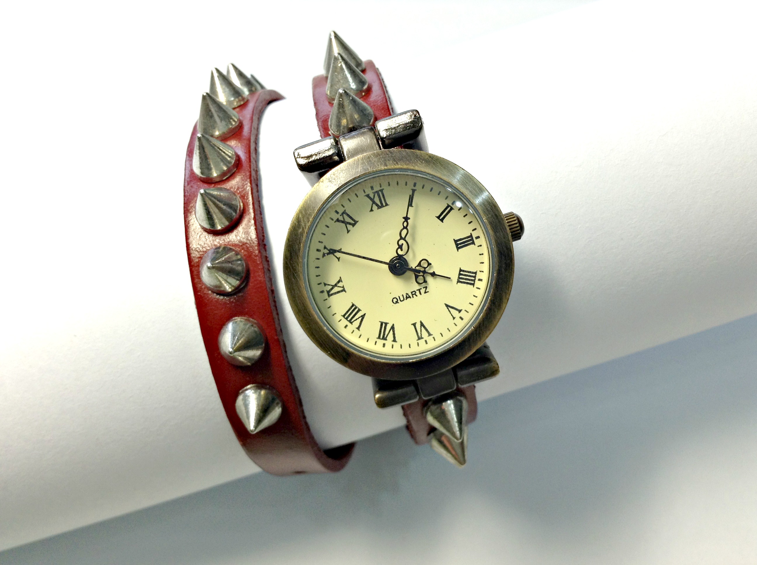 Handmade Vintage Stud Spike Decor Leather Band Watch Woman Girl Quartz ...